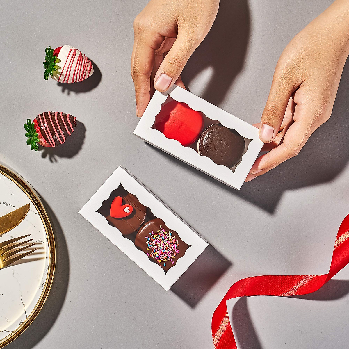 JCXGRVC 24PCS 4.17x2.16x1.37 Inches Elegant White Double Favor Boxes with Clear Window for Macaron, Chocolate, Small Cookies, Party Baby Showers Candy Treat Boxes