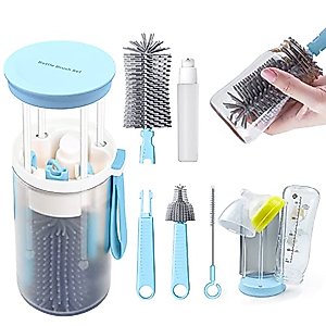 Travel Bottle Cleaner Kit with Baby Bottle Drying Rack, Silicone Liquid Brush, Nipple Brush, Straw Brush, Bottle Soap Dispenser, Baby Bottle Scrubber Brush - Portable Baby Bottle Brush Set, Blue
