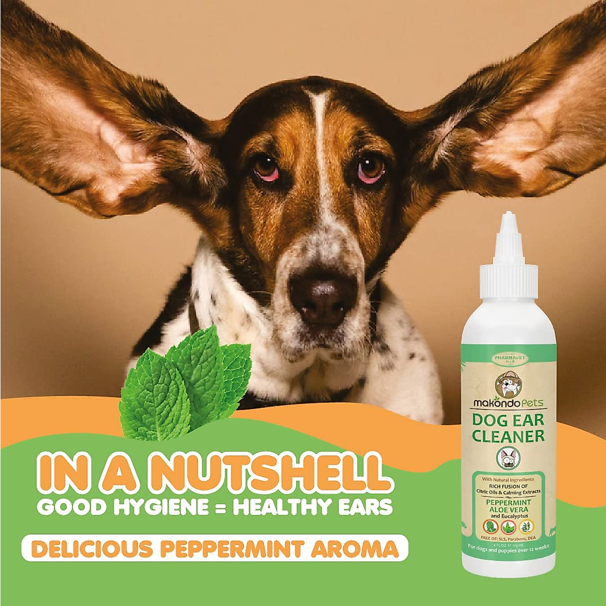Dog Ear Cleaner Solution with Peppermint. Our Ear Cleaner for Dogs Helps to Remove Wax, Debris & Odor in Pets. Natural Puppy and Dog Ear Wash or Otic Cat Ear Cleaner Drops. No More Dog Head Shaking.