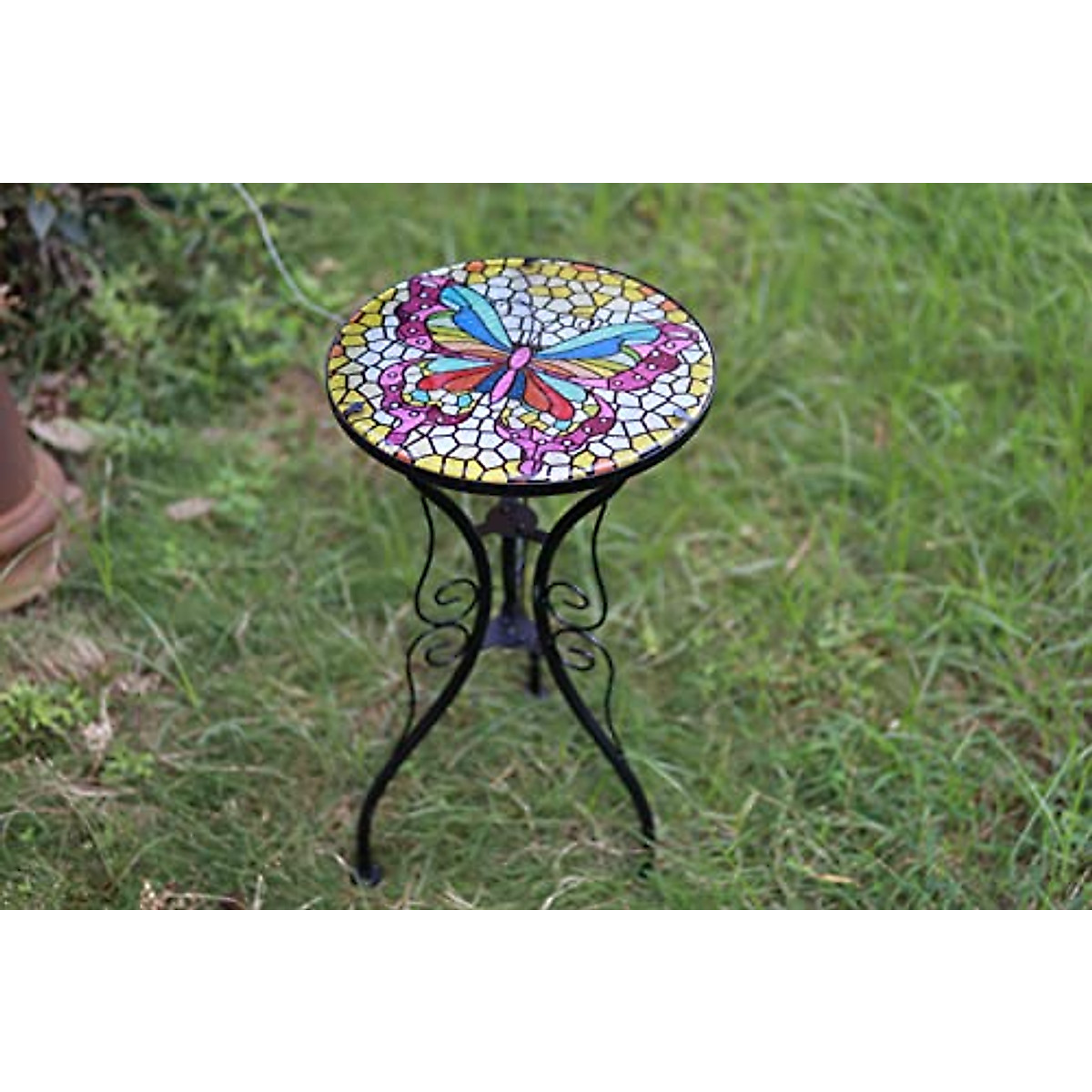 LIFFY Outdoor Mosaic Side Table - Butterfly Round End Table - Small Patio Side Table - Glass Garden Side Table for Yard,Lawn