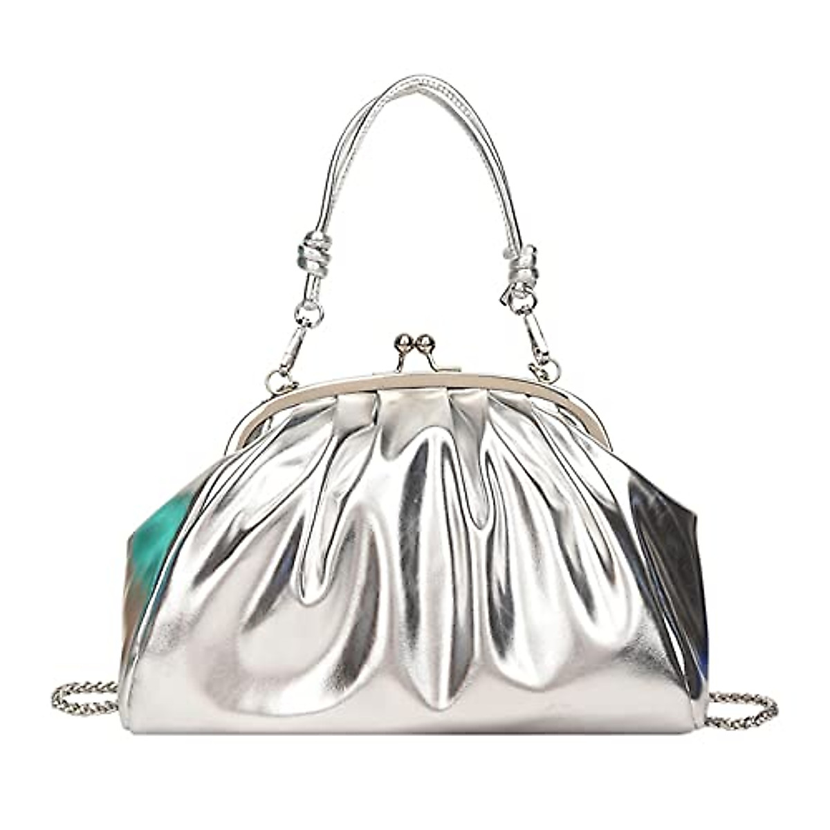 Oichy Leather Evening Bag Pleated Clutch Purses Top Handle Shoulder Bags Kiss Lock Handbags (Silver)