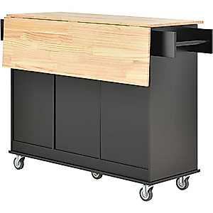 OPTOUGH Rolling Mobile Kitchen Island with Locking Wheels,Storage Cabinet and Drop Leaf Breakfast Bar, Kitchen Cart for Home w/Spice Rack,Towel Rack & Drawer,Black