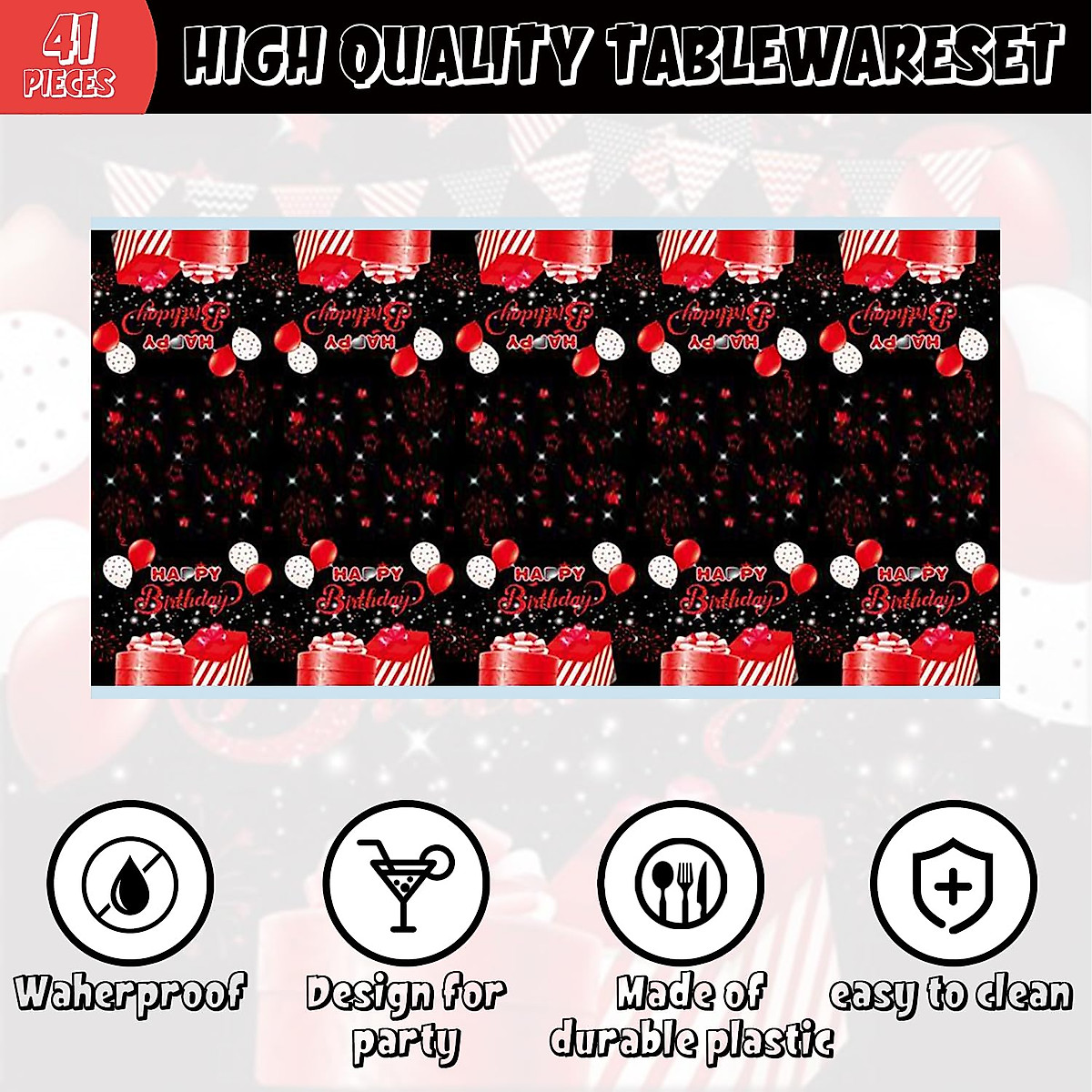 41pcs Black and red Party Supplies ,include 20 Plates, 20 Napkin and 1pcs Tablecloth,Used for Black and red Birthday Party Decoration (AAA)
