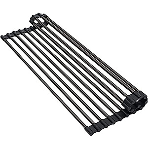 Lordear Black Roll Up Dish Drying Rack Foldable Over The Sink Dish Rack Anti-Slip Silicone Coated Steel Dish Drainer for Kitchen Counter Roll Up Sink Drying Rack, 19.53"x10.75"