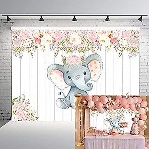 INRUI Elephant Theme Photography Background Pink Floral Elephant Baby Shower Party Decoration Backdrop 7x5FT