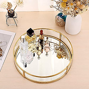 ELLDOO Gold Round Glass Tray, Mirror Jewelry Tray Perfume Tray Mirror Vanity Tray Dresser Tray Ornate Tray Metal Decorative Tray Perfume Organizer Makeup Tray for Vanity Dresser