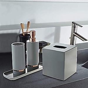 Bathroom Accessories - Set of 4 Includes Decorative Soap Lotion Dispenser, Tumbler, Tissue Box, Tray for Modern Farmhouse Bath Decor Kitchen Countertop Organizer Housewarming Gift - Grey