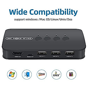 4K HDMI KVM Switch, 4 Port HDMI USB Switch for 4 Computer Share a 4K@30Hz Monitor and 3 USB Device Keyboard Mouse Printer, Including 4 KVM Cables