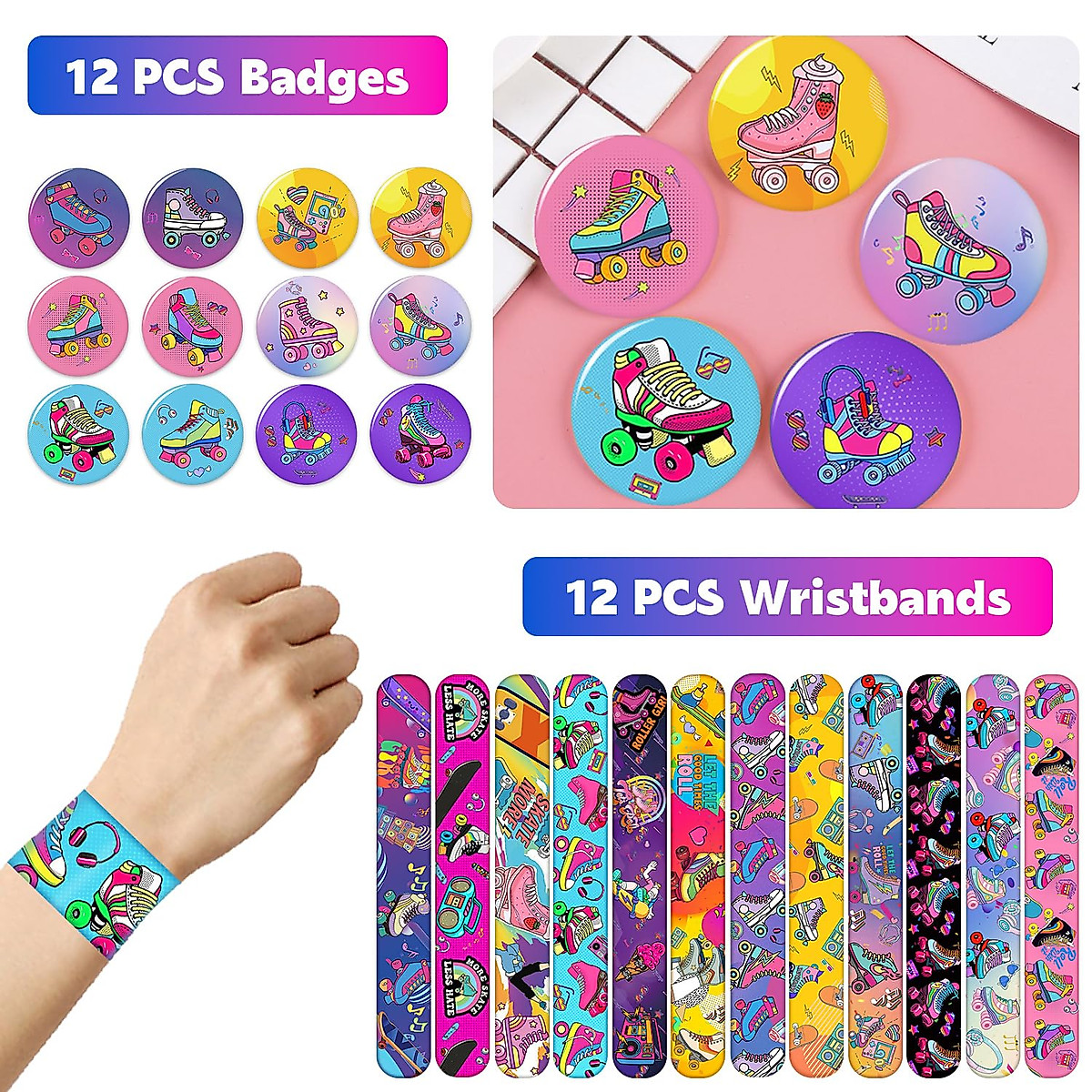 Roller Skate Party Favors 98PCS Slap Bracelets, Stickers, Key Chains, Pin Badges and Temporary Tattoos for Kids Boys Girls Throwback 80s 90s Roller Skating Hip Hop Birthday Party Supplies Decorations