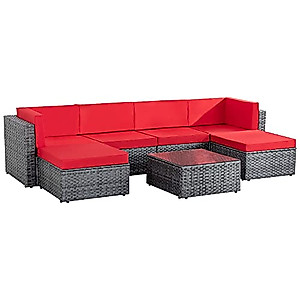 Walsunny 7pcs Patio Outdoor Furniture Sets,Low Back All-Weather Silver Gray Rattan Sectional Sofa with Tea Table&Washable Couch Cushions&Ottoman,Red