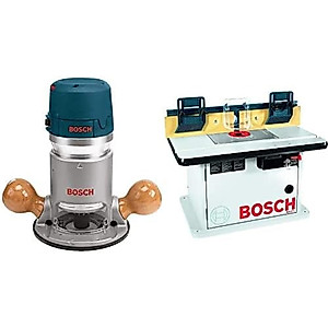 BOSCH 1617EVS 2.25 HP Electronic Fixed-Base Router and RA1171 25-1/2 in. x 15-7/8 in. Benchtop Laminated MDF Top Cabinet Style Router Table Bundle