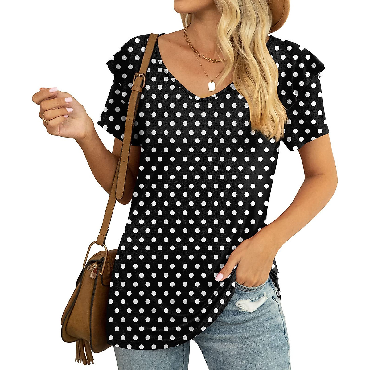 YVH Women's Tops, Tees & Blouses Summer Short Sleeve Ruffle V Neck Semi Casual Shirts for Women, Polka Dot Black, L