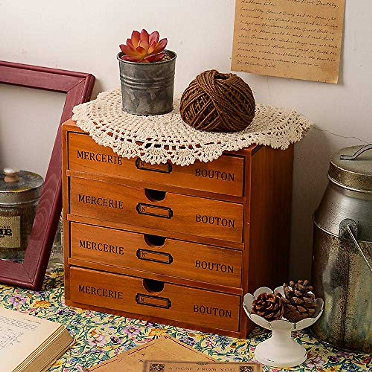 SanBouSi Desk Organizer Wooden Storage Box with 4 Drawers, Storage Cabinet Organizer Traditional Wooden Storage Box Antique Small Craft Jewelry Storage Apothecary Cabinet