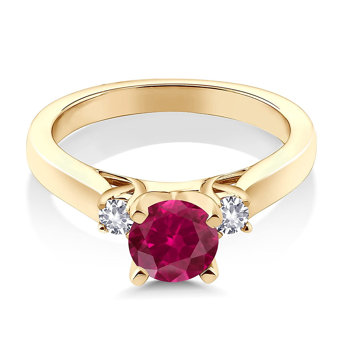 Gem Stone King 18K Yellow Gold Plated Silver Red Created Ruby and White Created Sapphire 3-Stone Engagement Ring For Women (1.10 Cttw, Round 6MM, Gemstone July Birthstone, Size 9)