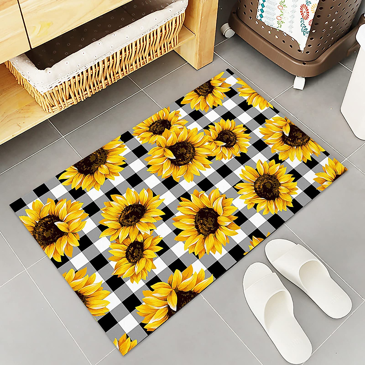 Sailground Kitchen Rugs and Mats Sets of 2, Summer Fresh Sunflower Black Buffalo Check Plaid Sweet Farm Life Time Indoor Floor Mats Non-Slip Area Rug Carpet for Bathroom Living Room Office Home Decor