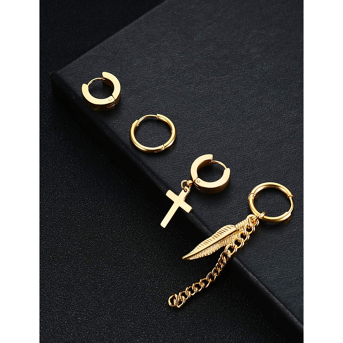 Ofeiyaa 4 Pairs Stainless Steel Dangle Hinged Hoop Earrings Huggie Earrings Piercing CZ Stud for Men Women Silver