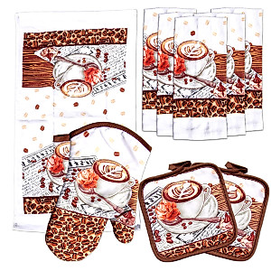 Lobyn Value Pack Kitchen Towel Oven Mitts and Pot Holders Sets, Pot Holders and Oven Mitts Sets, Kitchen Mittens and Pot Holder Set, Potholder Set, Mittens Kitchen Coffee Design