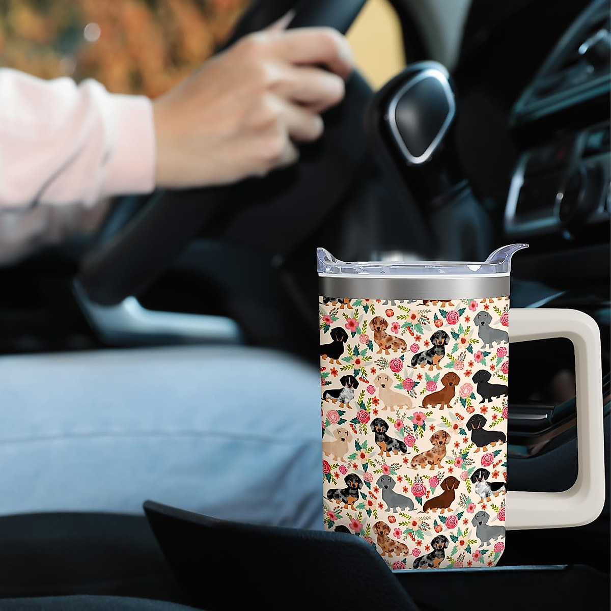 Vehcimbev 40oz Dachshund Tumbler with Handle and Straw - Stainless Steel Double Wall Insulated Tumbler - Hot & Cold - 40oz Capacity - Dachshund Gift