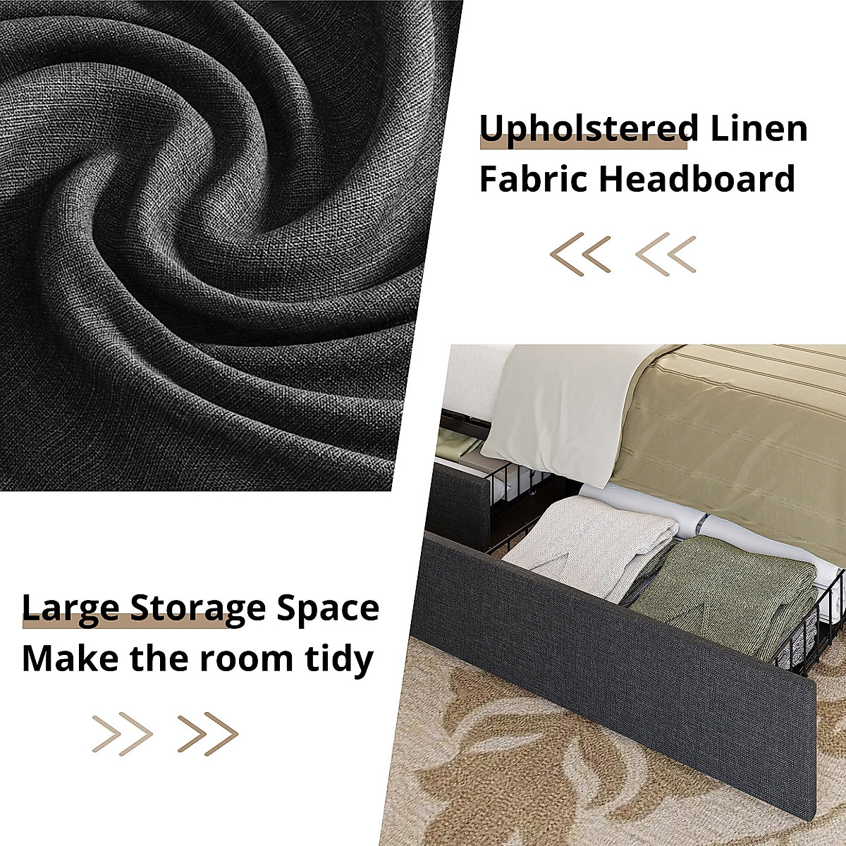 LIKIMIO King Bed Frame and Upholstered Headboard, Platform Bed with Storage Drawers and Outlets, Sturdy, Noiseless, No Box Spring Needed, Easy Assembly, Dark Gray