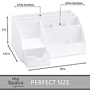 Office Desk Organizer, White Acrylic, with Drawer, 9 Compartments, All in One Office Supplies and Cool Desk Accessories Organizer, Pen Holder, Enhance Your Office Decor Desktop Organizer (White)