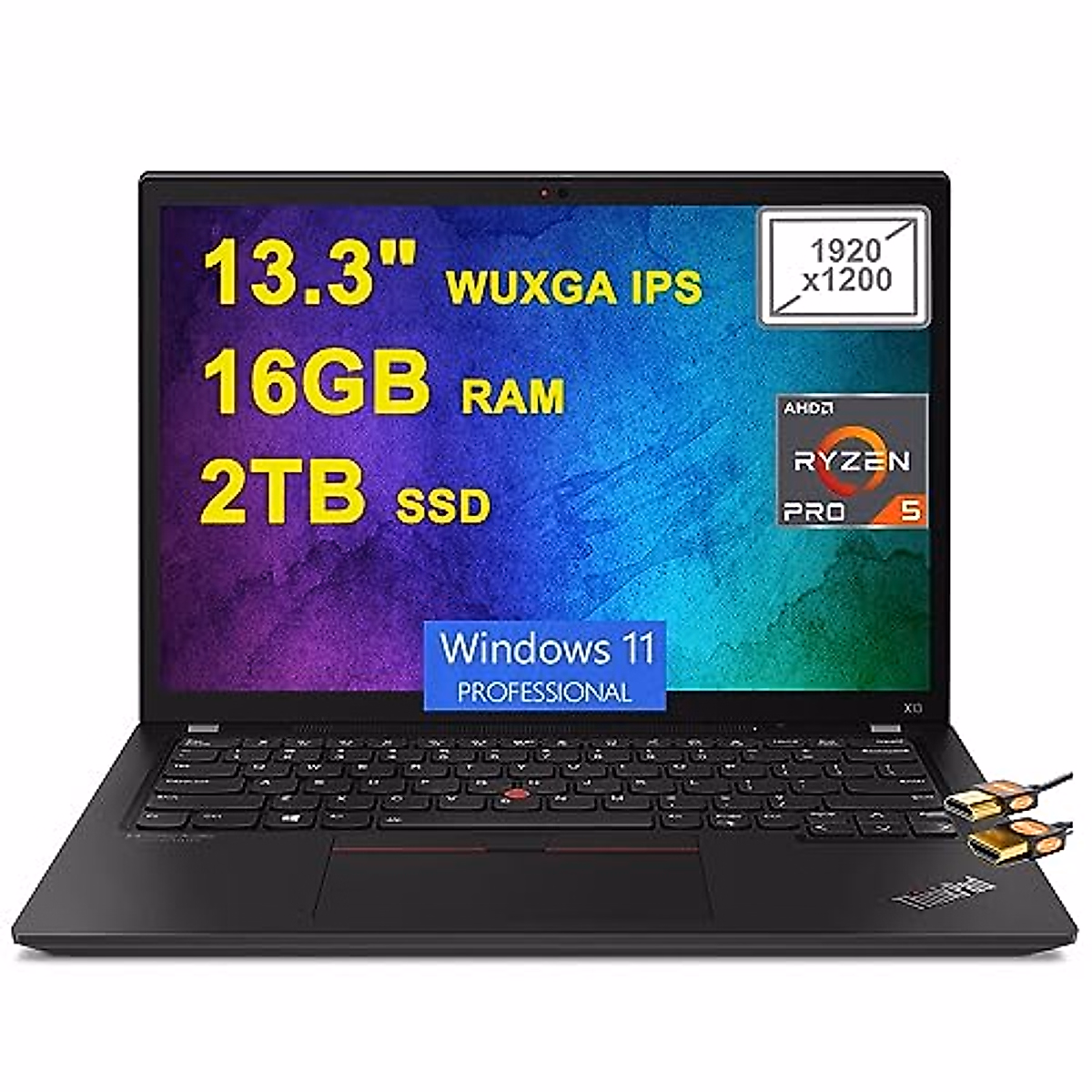 Lenovo ThinkPad X13 Gen 2 Business Laptop 13.3" WUXGA IPS AMD Hexa-core Ryzen 5 PRO 5650U (>i7-1165G7) 16GB RAM 2TB SSD Fingerprint 3-Year Warranty Win11Pro Black + HDMI Cable