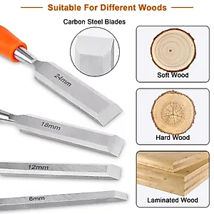 4 Piece Wood Chisel Sets Woodworking Tools Set, Wood Chisels for Woodworking with Steel Hammer End, Wood Tools Chisel Set Woodworking with Ergonomic Plastic Handle, 6mm, 12mm, 18mm, 24mm