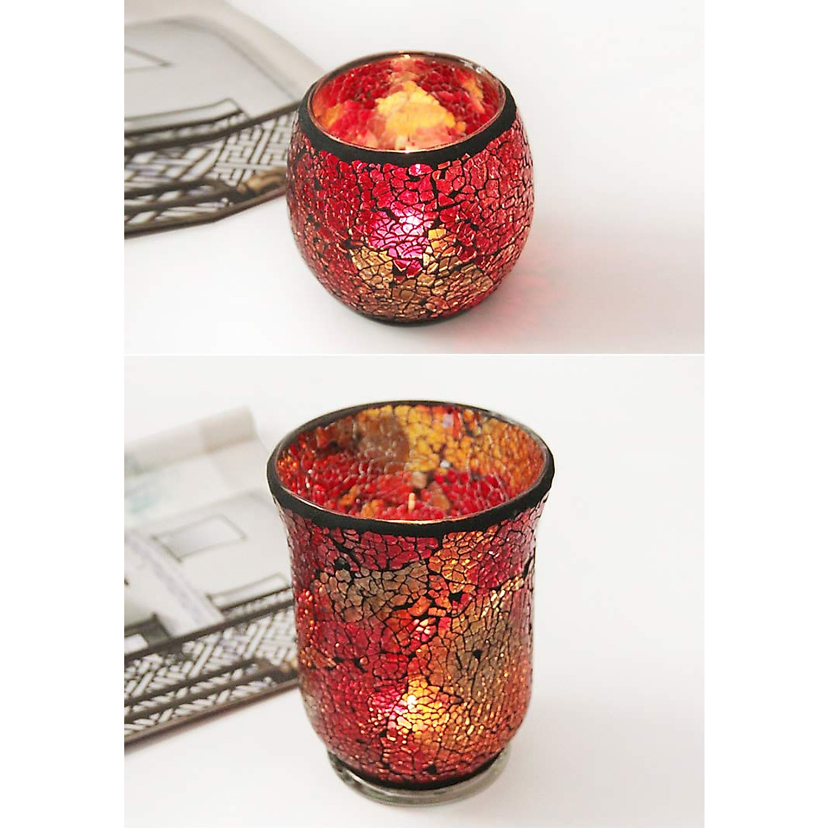 Two-piece Orange Red Mosaic Glass Tea Light Candle Holder Ball and Wind Lantern Shape Votive Candleholder Romantic Handmade Gifts Christmas Candlestick Holders Home Decor Wedding Party Table Decor