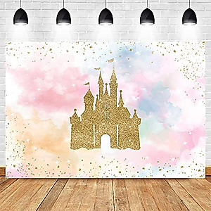 Mocsicka Princess Castle Birthday Backdrop Watercolor Pastel Rainbow Birthday Background Gold Glitter Royal Birthday Party Cake Table Decoration Photo Booth Props (7x5ft)