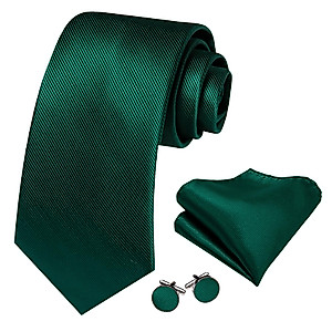 Barry.Wang Emerald Green Man Tie Set Solid Silk Necktie Cufflinks Handerchief Stain Formal St. Patrick's Day