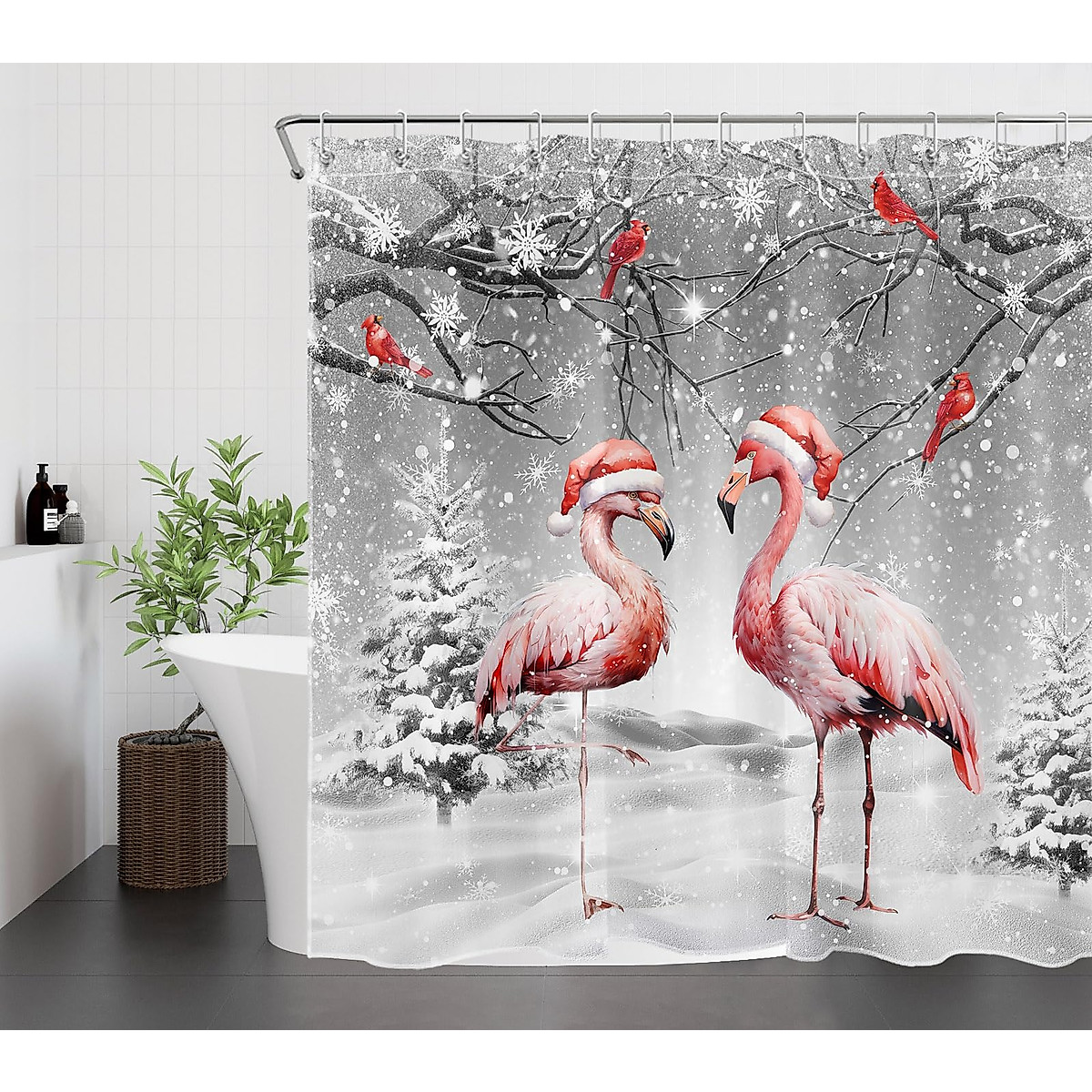 EOBTAIN Winter Christmas Shower Curtain for Bathroom Winter Scene Snowflake Pink Flamingo and Cardinal on Pine Tree Shower Curtain with 12 Hooks Snow Scenery Bathroom Curtains Shower Set 72x72 Inch