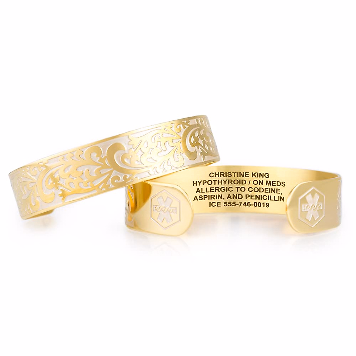 Lauren's Hope Custom Engraved Medical ID Cuff Bracelets for Women, Rose Gold, Silver and Gold (Gold Tone)