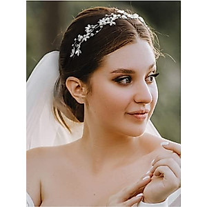 SWEETV Bridal Pearl Headband Silver-Leaf Crystal Bridal Headpiece Wedding Hair Accessories Jewelry Tiara for Women, Diameter: 14.5 cm