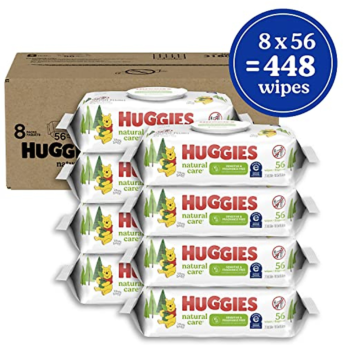 Baby Wipes, Huggies Natural Care Sensitive Baby Diaper Wipes, Unscented, Hypoallergenic, 8 Flip-Top Packs, 56 Count (Pack of 8)