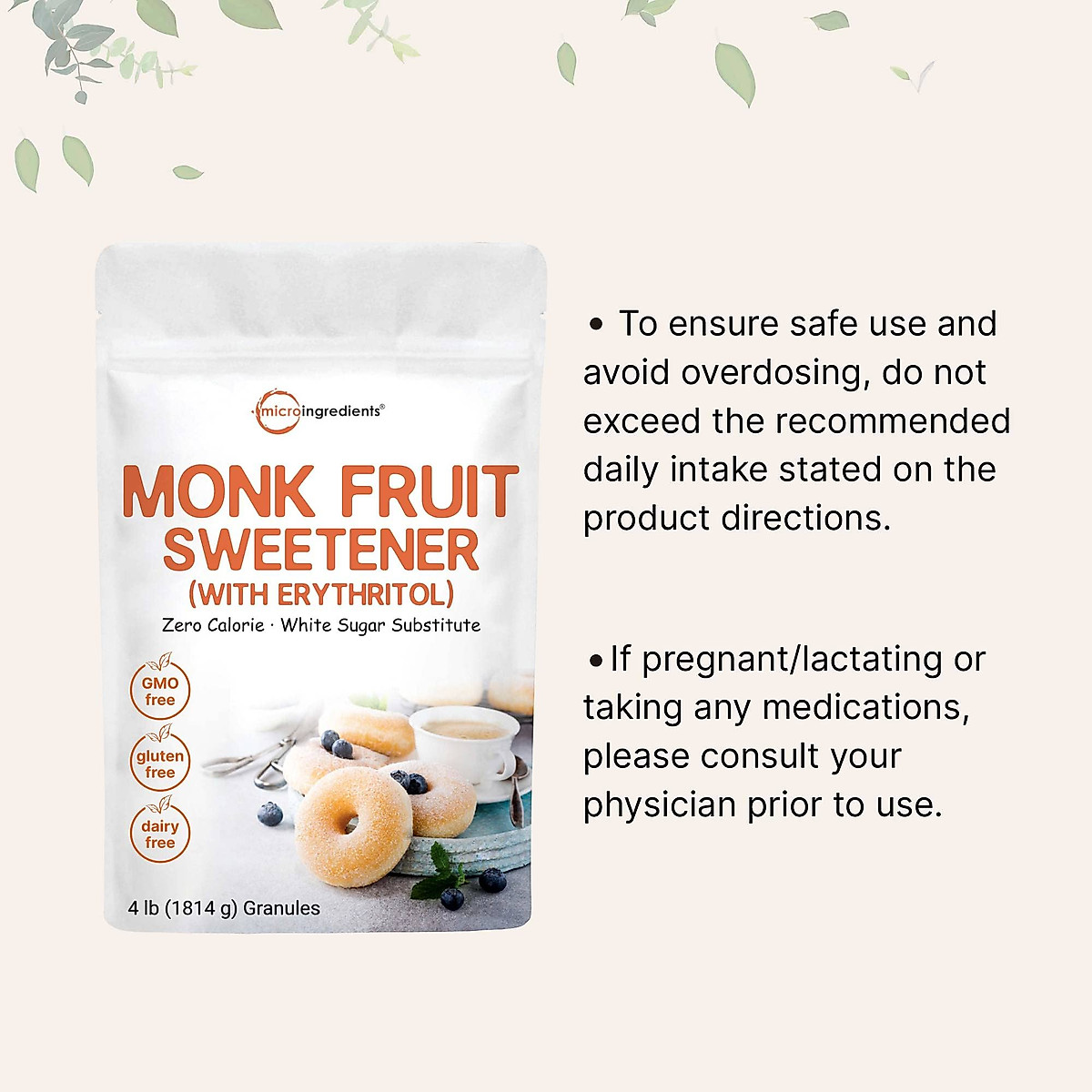 Monk Fruit Sweetener with Erythritol Granules, 4 Pounds, No After Taste, 1:1 White Sugar Substitute, Keto Diet Friendly, Zero Calorie, Natural Sweetener for Drinks, Coffee, Tea, Cookies, No-GMO, Vegan