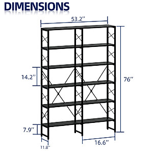 NUMENN Double Wide 6 Tier Bookshelf, Open Large Book Shelves, Tall Bookcases, Shelf Storage Organizer, Wood and Metal Display Shelf for Bedroom, Living Room and Home Office, Black