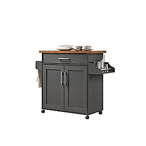 Hodedah Kitchen Island with Spice Rack, Towel Rack & Drawer, Grey with Oak Top
