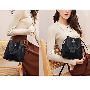 DORIS&JACKY Leather Drawstring Shoulder Bag Small 2 Way Bucket Crossbody Purse For Women (1-Black)