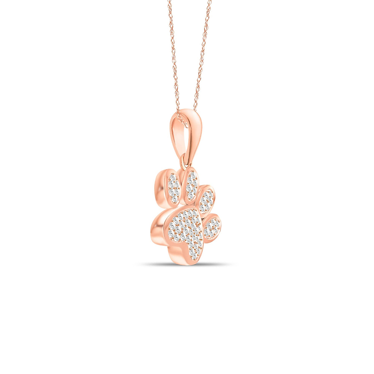 Diamond2Deal 10K Rose Solid Gold Diamond Dog Paw Print Pendant Rope Chain Necklace for Women 18inch (1/8Ct/ I2,H-I)