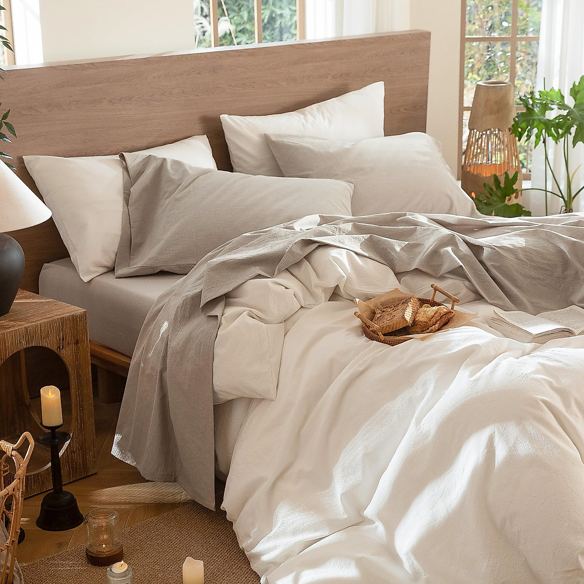 MooMee Bedding Sheet Set 100% Washed Cotton Linen Like Textured Breathable Durable Soft Comfy (Tannish Linen Grey, King)