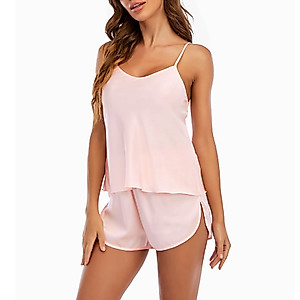 Zando Womens Cami Summer Pajamas Set Shorts Sexy Lingeri Satin Sleepwear Plus Size Lingerie Set Two Piece Sleepwear Satin Shorts Lingerie Set Womens Nightwears Silk PJS Pink X-Small