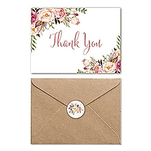 Pink Floral Thank You Cards with Envelopes, 4 x 6 Boho Flower Thank You Notes - Chic Greeting Cards 25 Bulk Pack, Blank Inside, Meet Wedding, Bridal Shower, Girl Baby Shower More Occasion