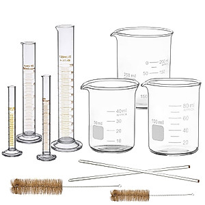 Thick Glass Graduated Measuring Cylinder Set 5ml 10ml 50ml 100ml Glass Measuring Beaker Set 50ml 100ml 250ml with 2 Glass Stirring Rods 12’’ Long 1/4’’ Diameter and 2 Brushes