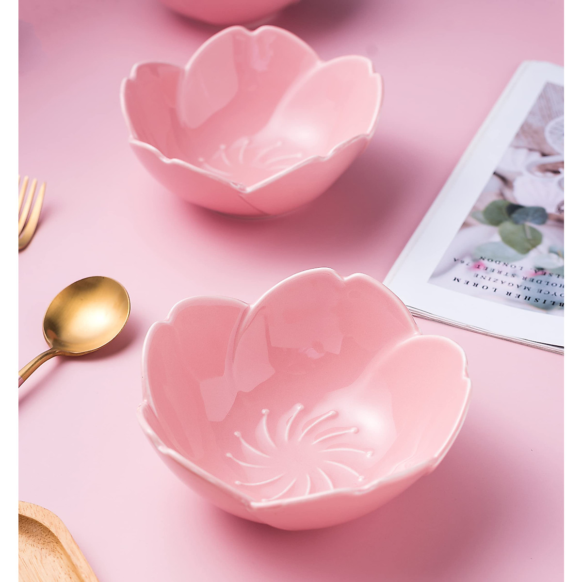 Jusalpha 4 Packs- Large 16.5 OZ Cherry Blossom Series Porcelain Serving Bowls, Cereal Bowls, Soup Bowls, Salad Bowl, Cereal, Pasta, Desserts and Daily Use - Bowl 005 (Pink)