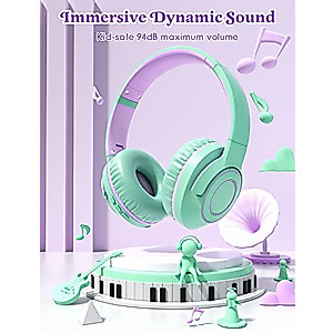 FIUPIA Kids Bluetooth Headphones with Microphone, Volume Limit 85/94dB, On-Ear Kids Headphone for Girls Boys Stereo Sound, Foldable Kids Wireless Headphones for School/Travel/iPad/Fire Tablet-Green