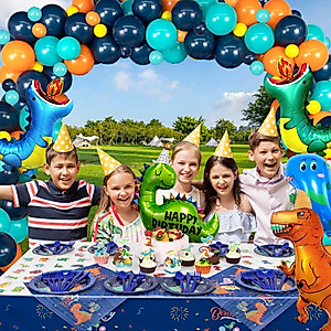 HJINGY 140 PCS Dinosaur Birthday Party Decorations, Blue Dinosaur Party Decorations for Boys Includes Dinosaur Balloons, Customized Backdrop, Tablecloth for Dinosaur Baby Shower Decorations