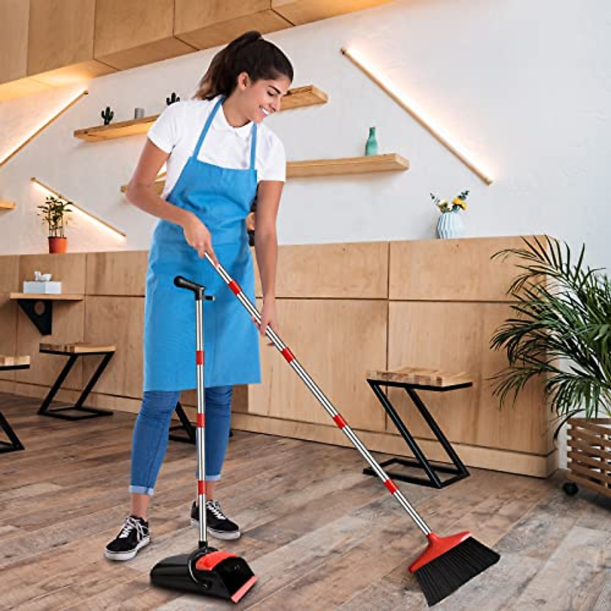 GRAREND Broom and Dustpan Set for Home, Upright 55" Long Handle Broom with Dustpan Combo Set, Lobby Broom Sweeping for House Kitchen Room Office Indoor Floor Cleaning Supplies Housewarming Gift - Red