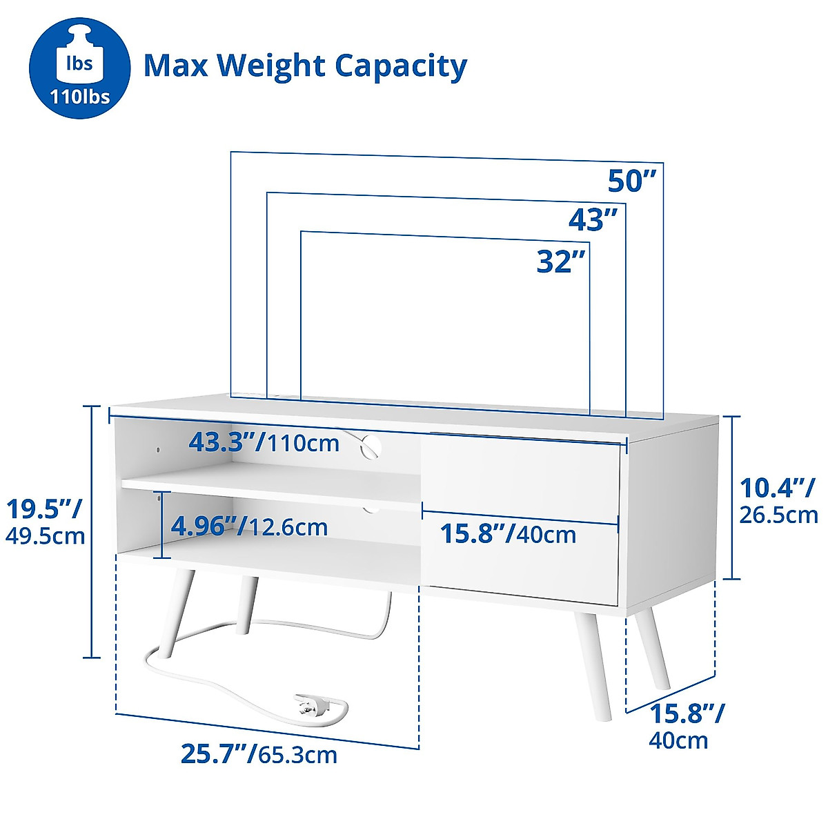 Cozy Castle TV Stand for 50 Inch TV, Mid Century Modern Entertainment Center with Storage Cabinet, TV Media Console with Charging Station for Living Room, Bedroom, White