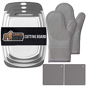 Gorilla Grip Cutting Board Set of 3 and Silicone Oven Mitt and Pot Holder 4 Piece Set, Includes Cooking Mitts and Trivet Mats, Cutting Boards are, Both in Gray Color, 2 Item Bundle