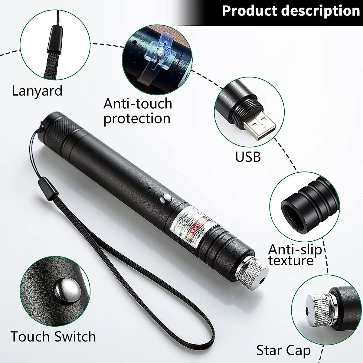 Cyahvtl Laser Pointer, 2000 Metres Green Long Range High Power Handheld Flashlight, Rechargeable Laser Pointer for USB, with Star Cap Adjustable Focus Suitable for Projecto