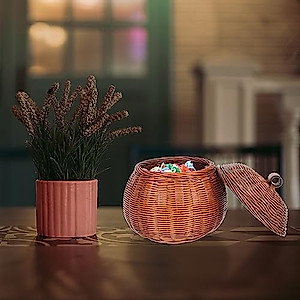 Cabilock Mini Rattan Storage Basket: Pumpkin Shaped Straw Trash Can Small Wicker Basket with Lid Round Woven Seagrass Baskets Woven Wastebasket Candy Bowl for Home Office Chocolate